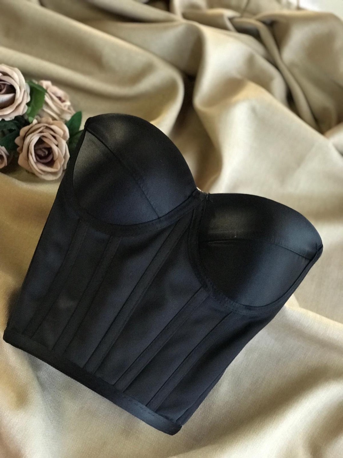 Satin Black Short Corset, Corset Top, Bridal Corset - Etsy