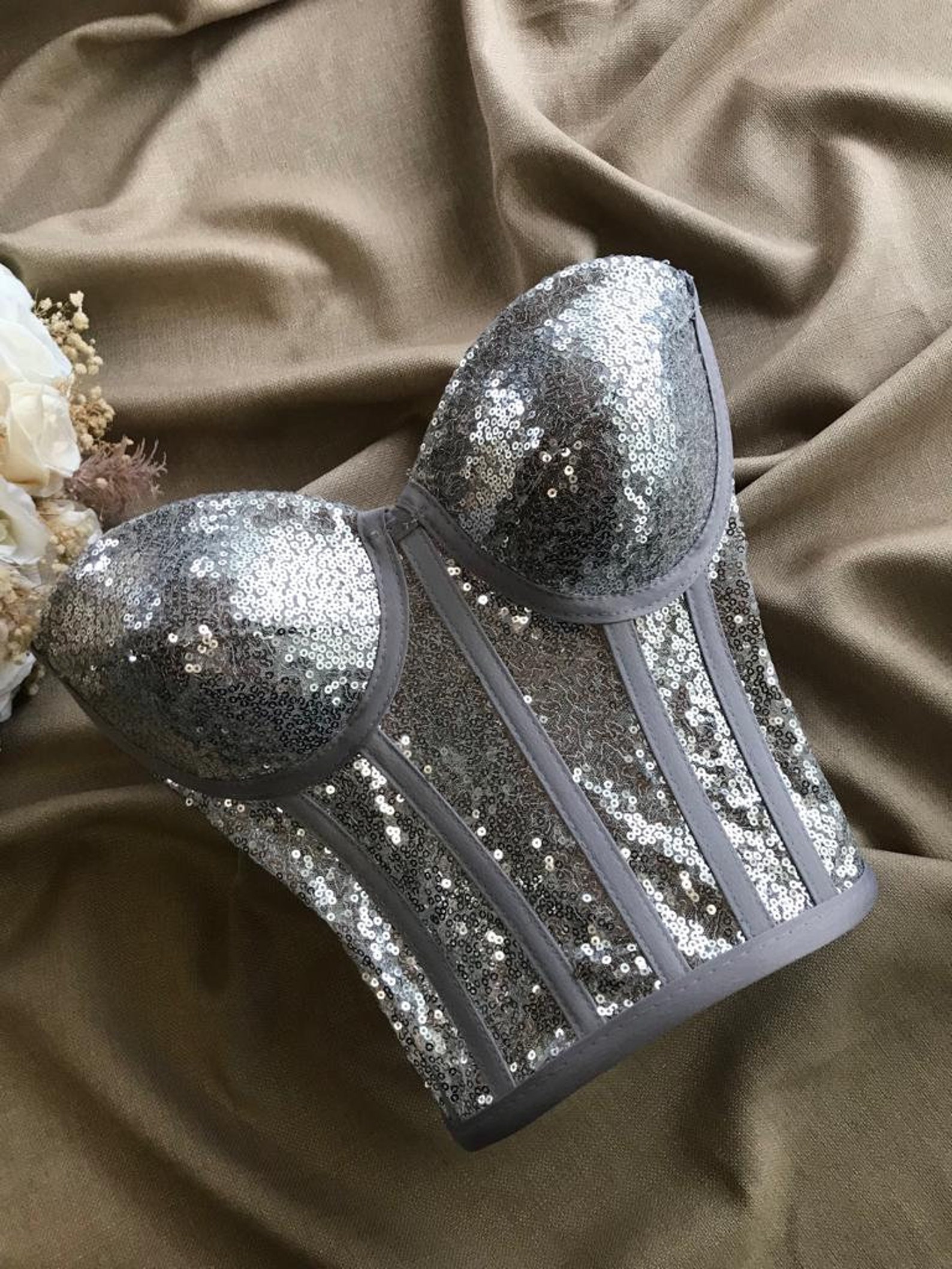 Sequined Silver Short Corset, Corset Top, Bridal Corset - Etsy