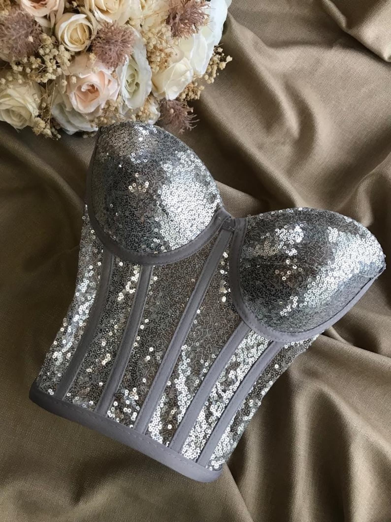Sequined Silver Short Corset, Corset Top, Bridal Corset - Etsy