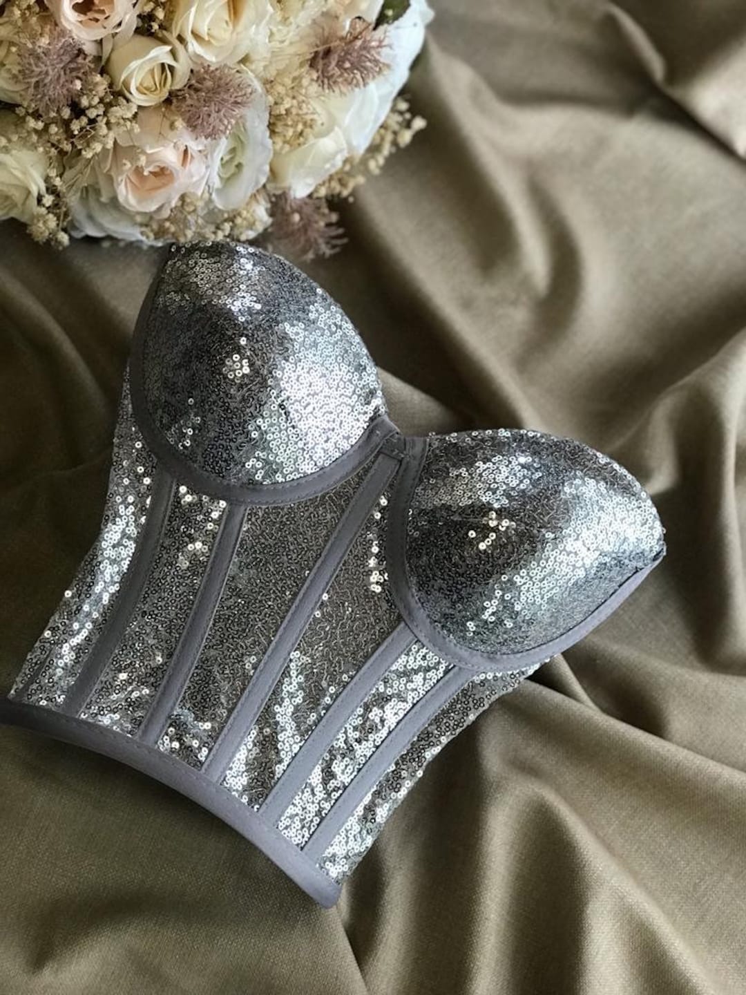 Sequined Silver Short Corset, Corset Top, Bridal Corset - Etsy