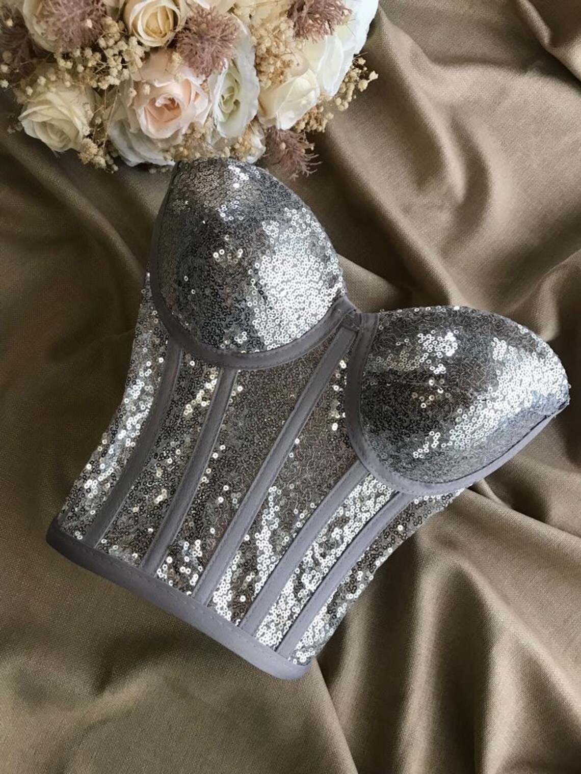 Sequined Silver Short Corset, Corset Top, Bridal Corset - Etsy