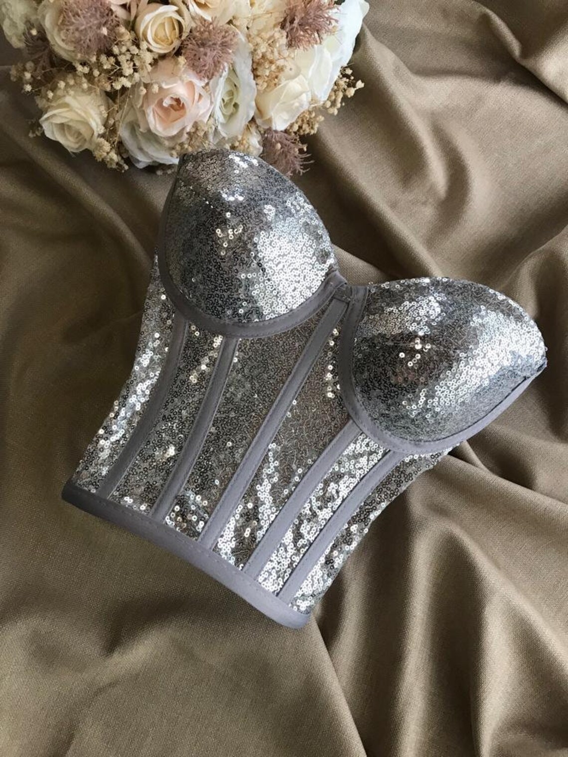 Sequined Silver Short Corset, Corset Top, Bridal Corset - Etsy