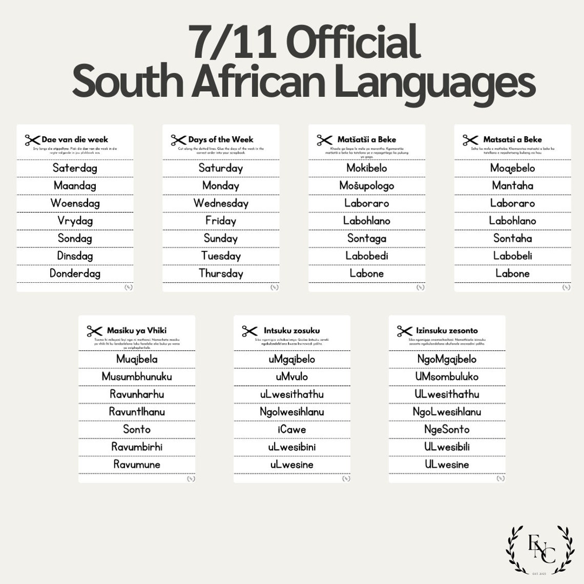 Days of the Week Worksheet | Printable | Cut and Paste | Sesotho - Etsy