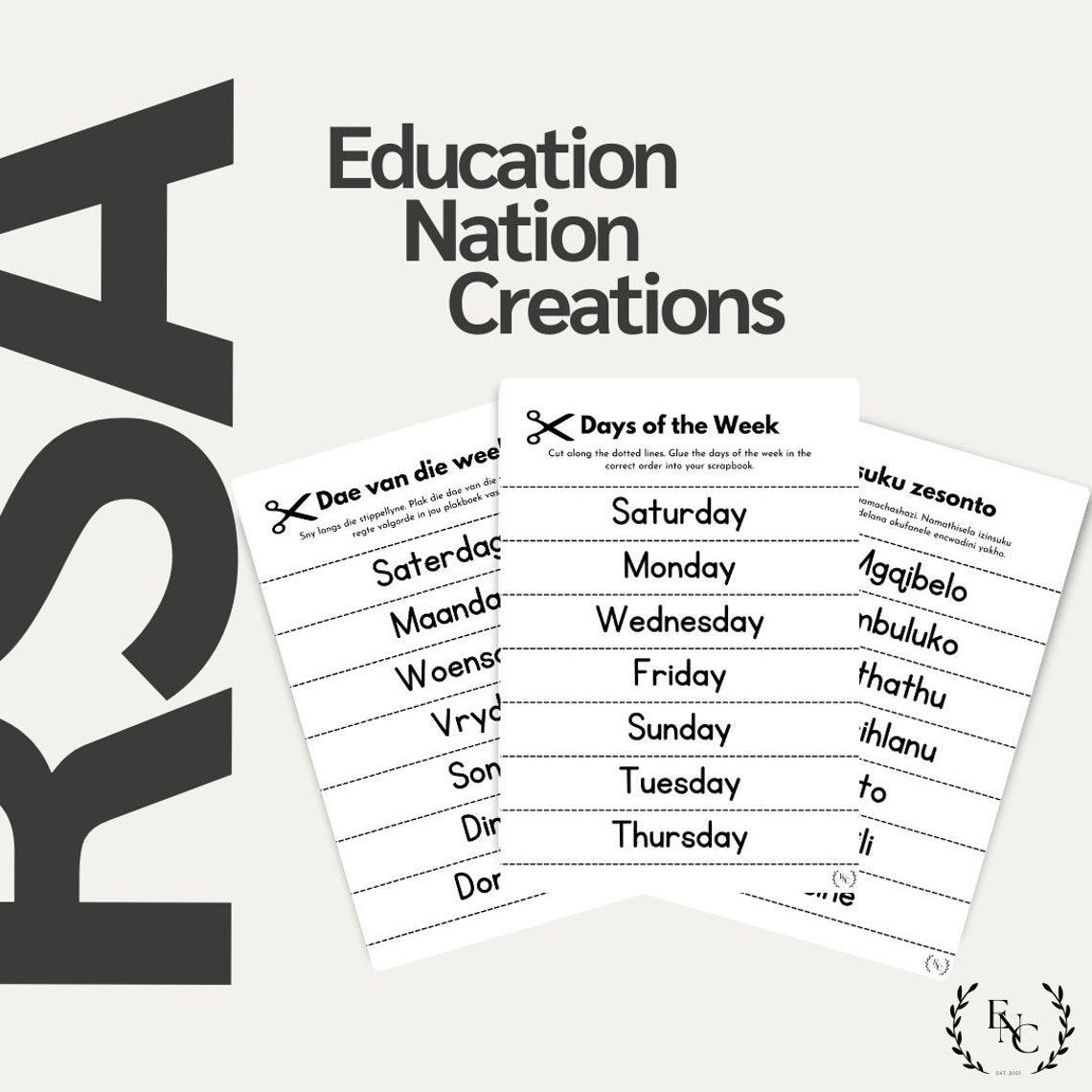 Days of the Week Worksheet | Printable | Cut and Paste | Sesotho - Etsy