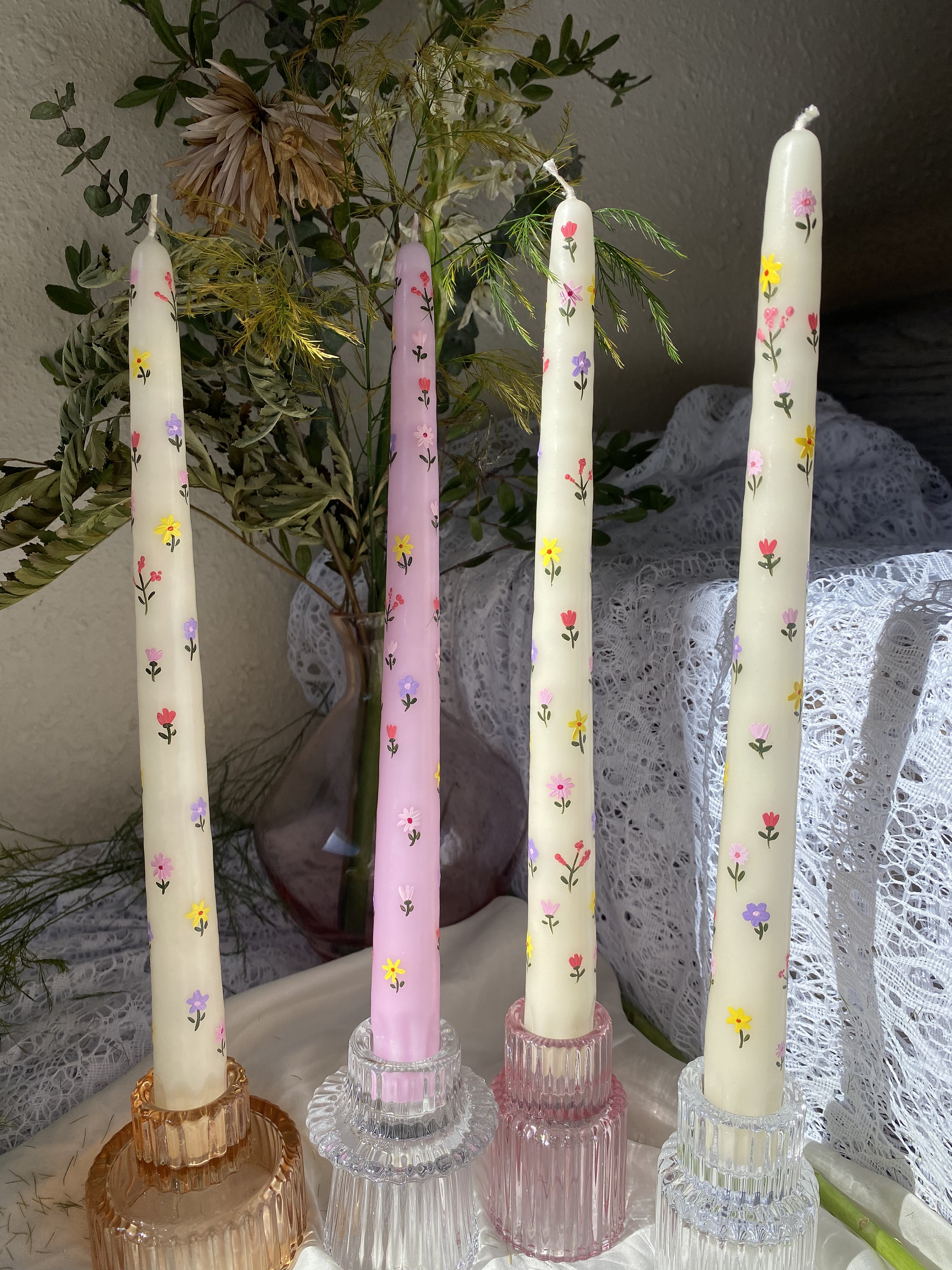 Hand-painted Spring Flowers Taper Candle Wedding Candles, Gift Idea ...