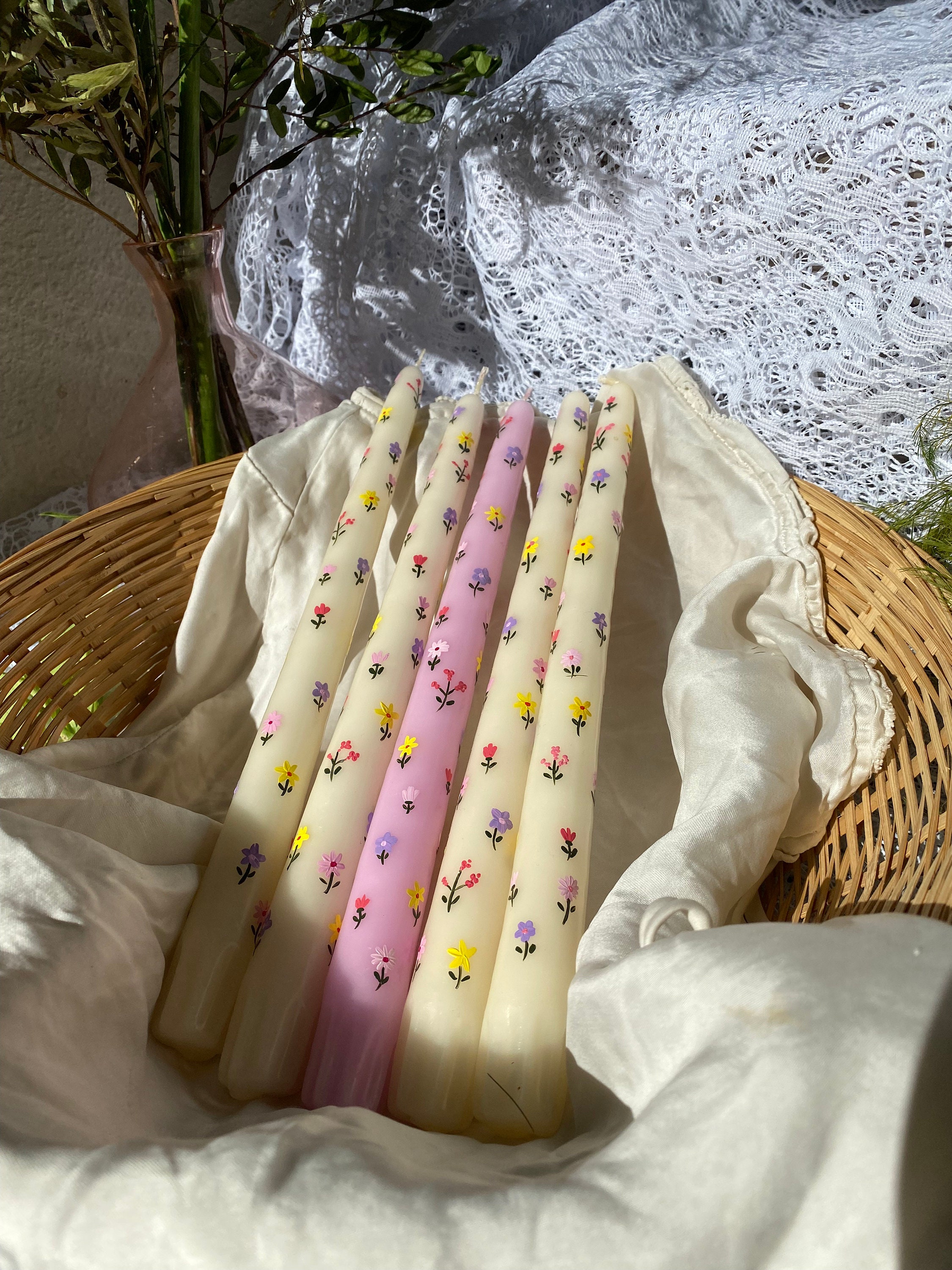 Hand-painted Spring Flowers Taper Candle Wedding Candles, Gift Idea ...