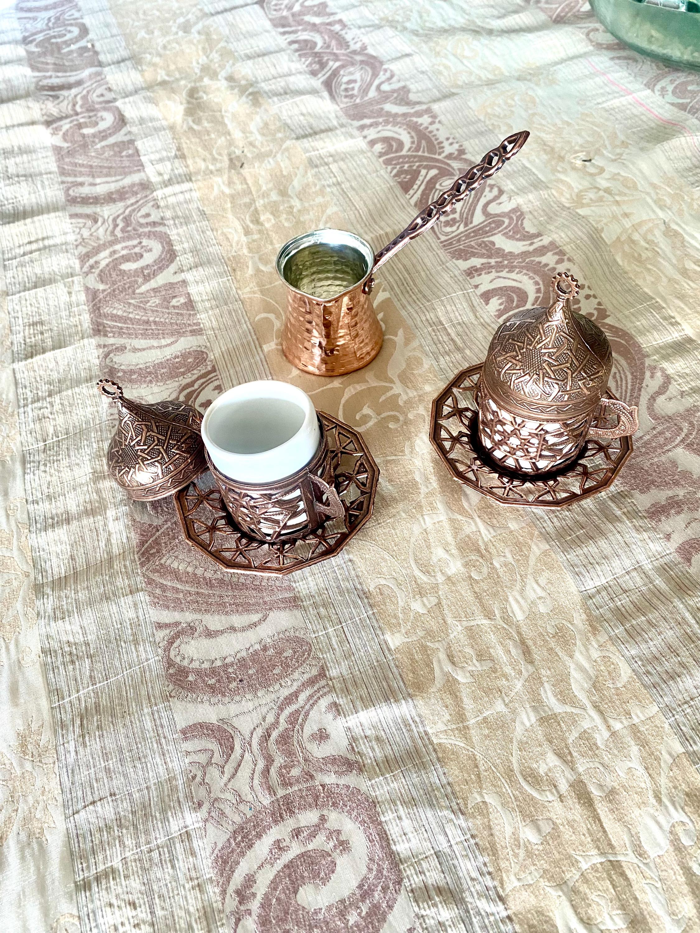 Authentic Turkish Coffee Set: Copper Pot, Ceramic Cups, Wooden Gift Box ...