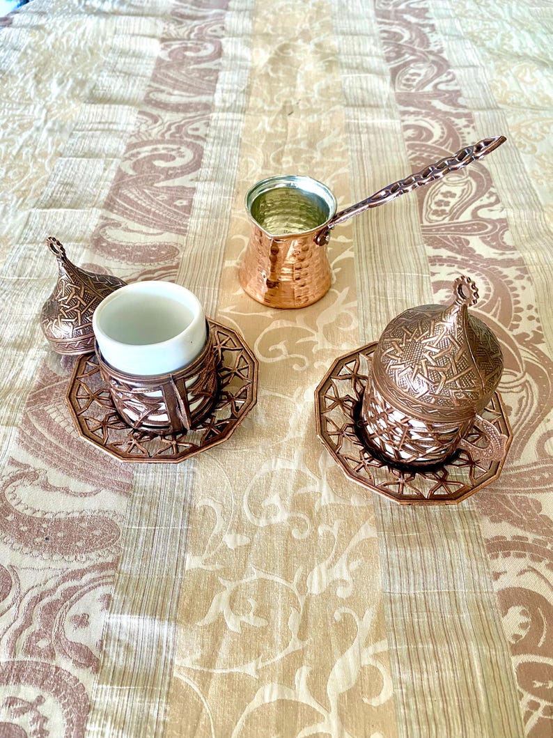 Authentic Turkish Coffee Set: Copper Pot, Ceramic Cups, Wooden Gift Box ...