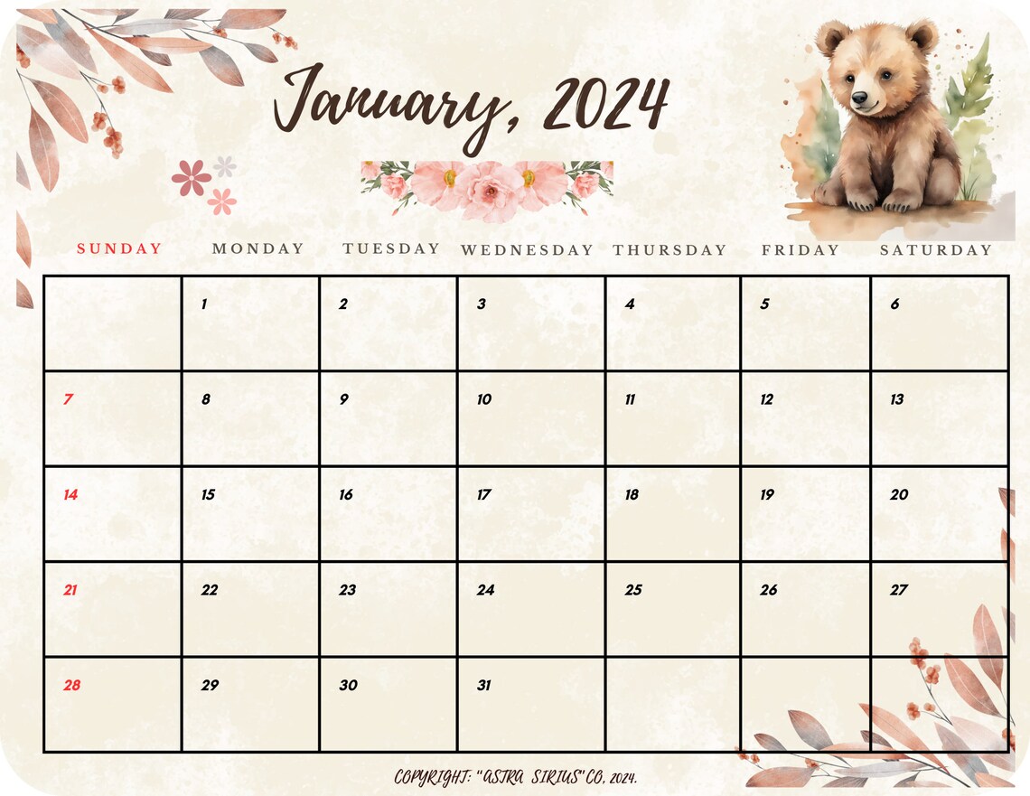 PRINTABLE Calendar Planner 2024, Monthly Planner, Cute Watercolor ...