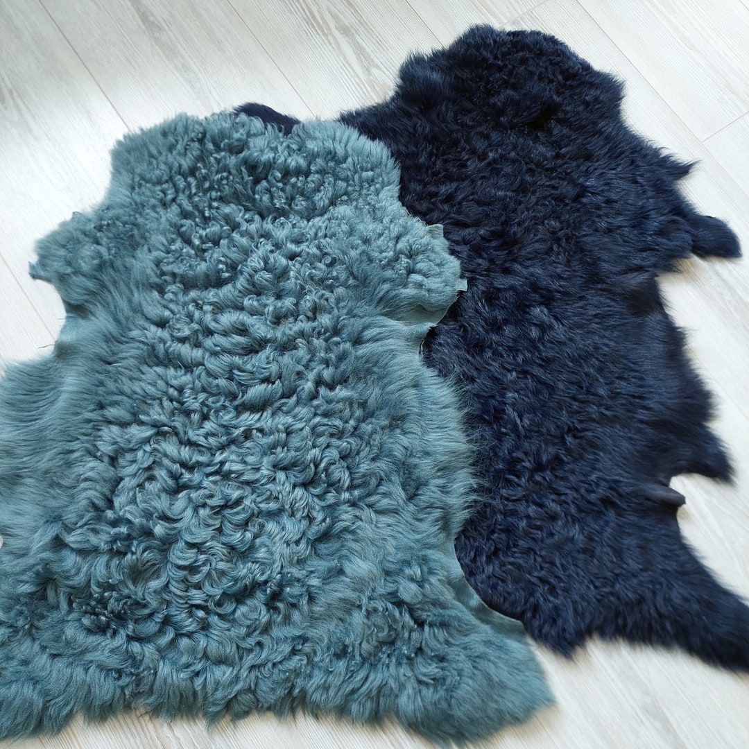 Genuine Lux Navy Blue Tigrado Curly Sheepskin Throw Rug, Collar Fur ...
