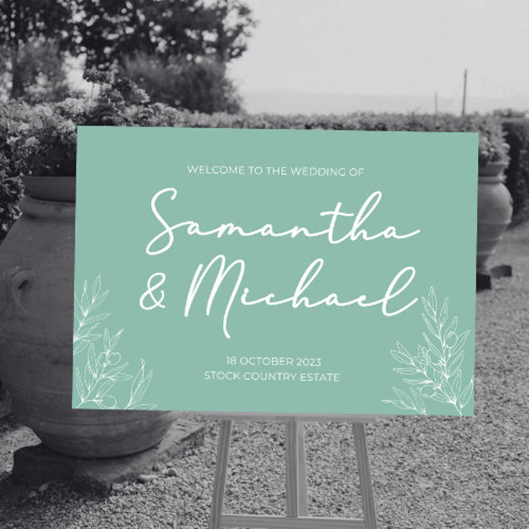 A1 or A2 Welcome to Wedding Sign - Teal Green, Leaves, Olive Leaves ...