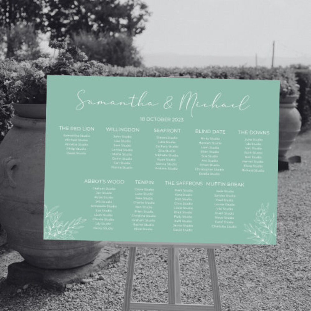 A1 or A2 Wedding Seating Chart - Green, Leaves, Olive Leaves ...