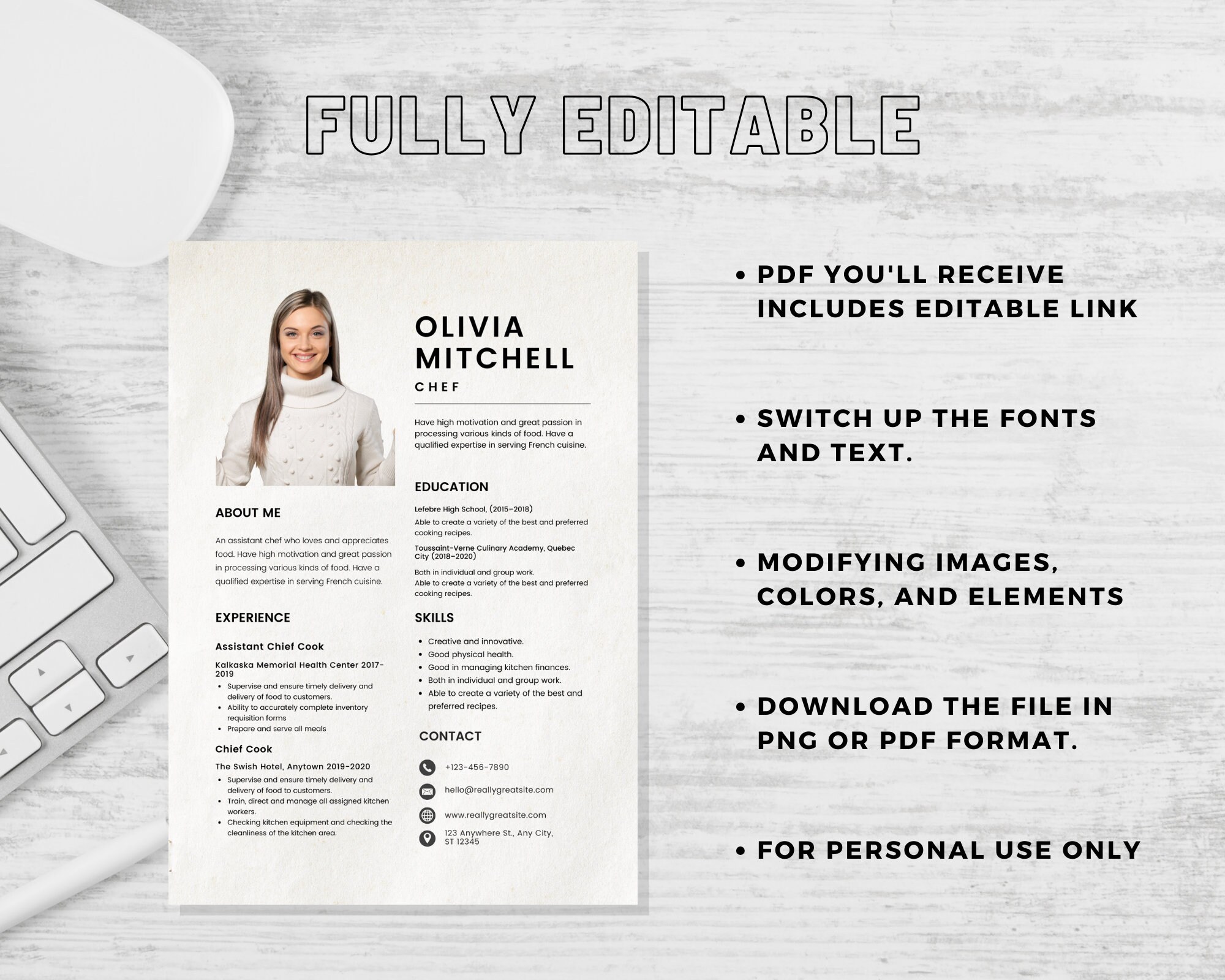 Chef Resume || Printable Resume || DIY Editable CV || Instant Download ...