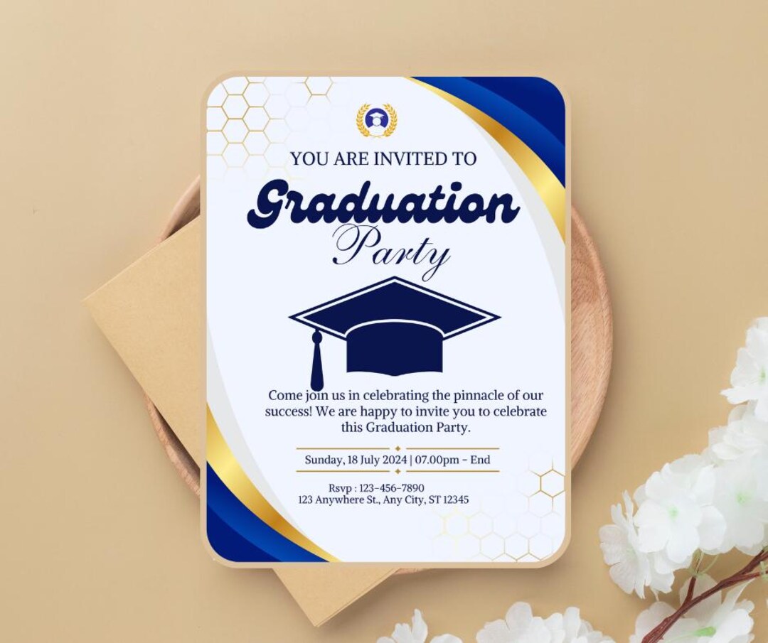 Graduation Party Invitation in Blue and Gold, Contemporary Elegant ...