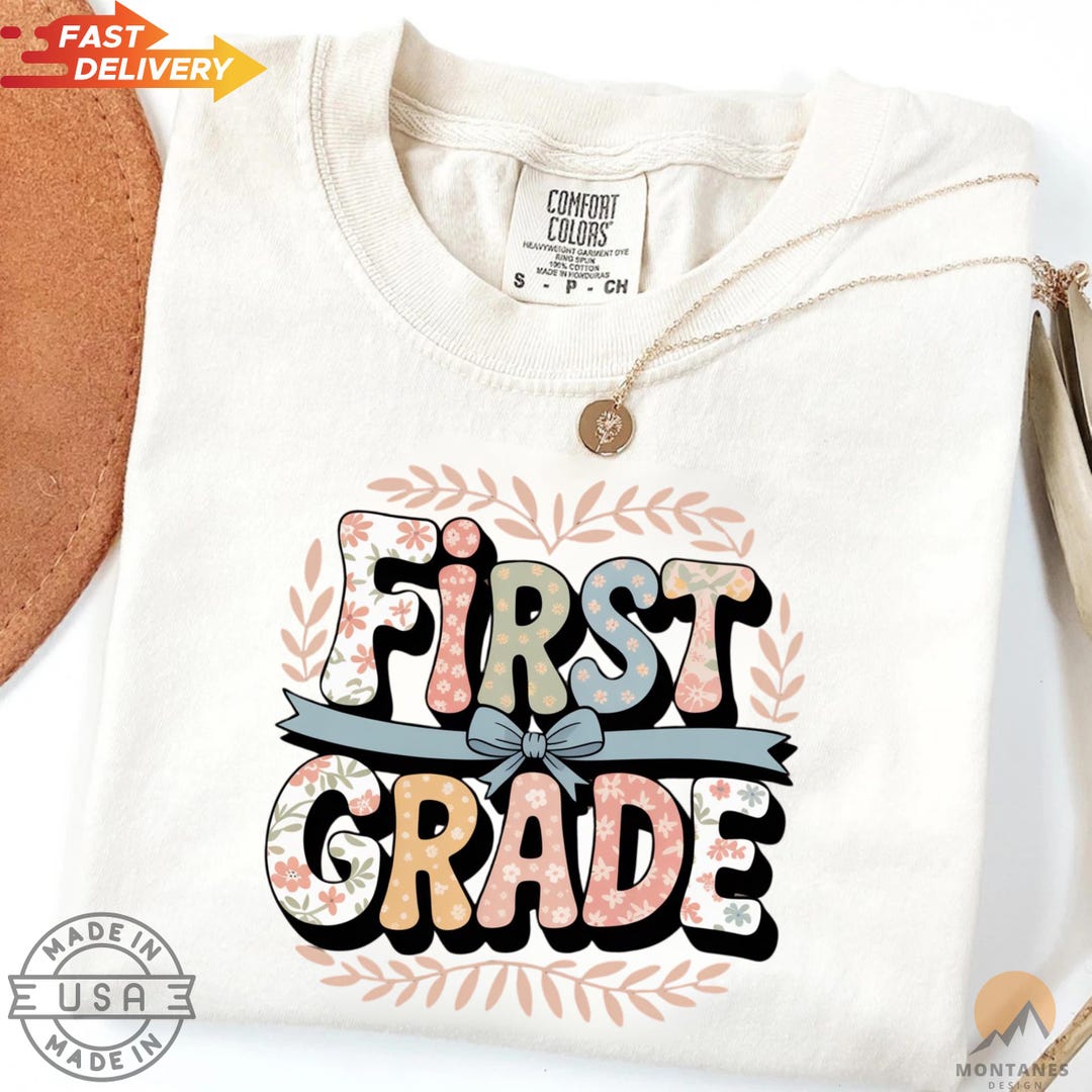 First Grade Shirt, Floral Back to School Tee, Cute Bow Design ...