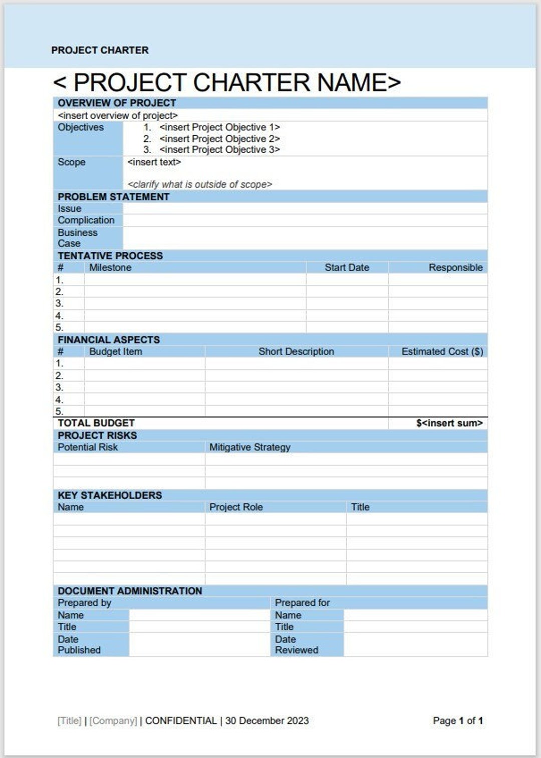 Project Charter One-pager Template - Etsy