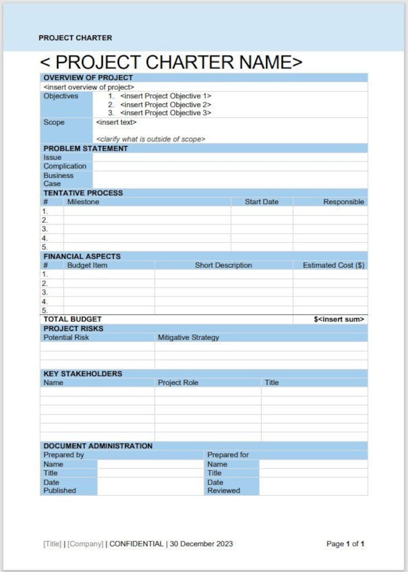 Project Charter One-pager Template - Etsy