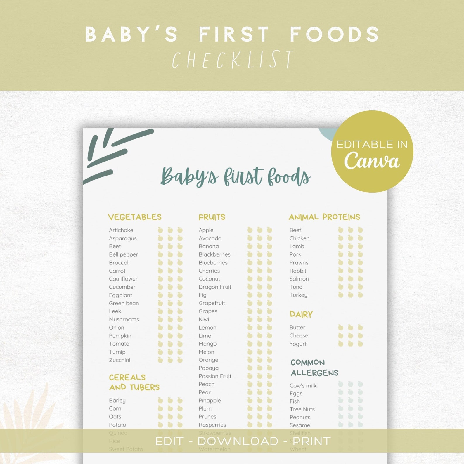 Baby's First Foods Checklist, Baby-led Weaning, Solids Tracker ...