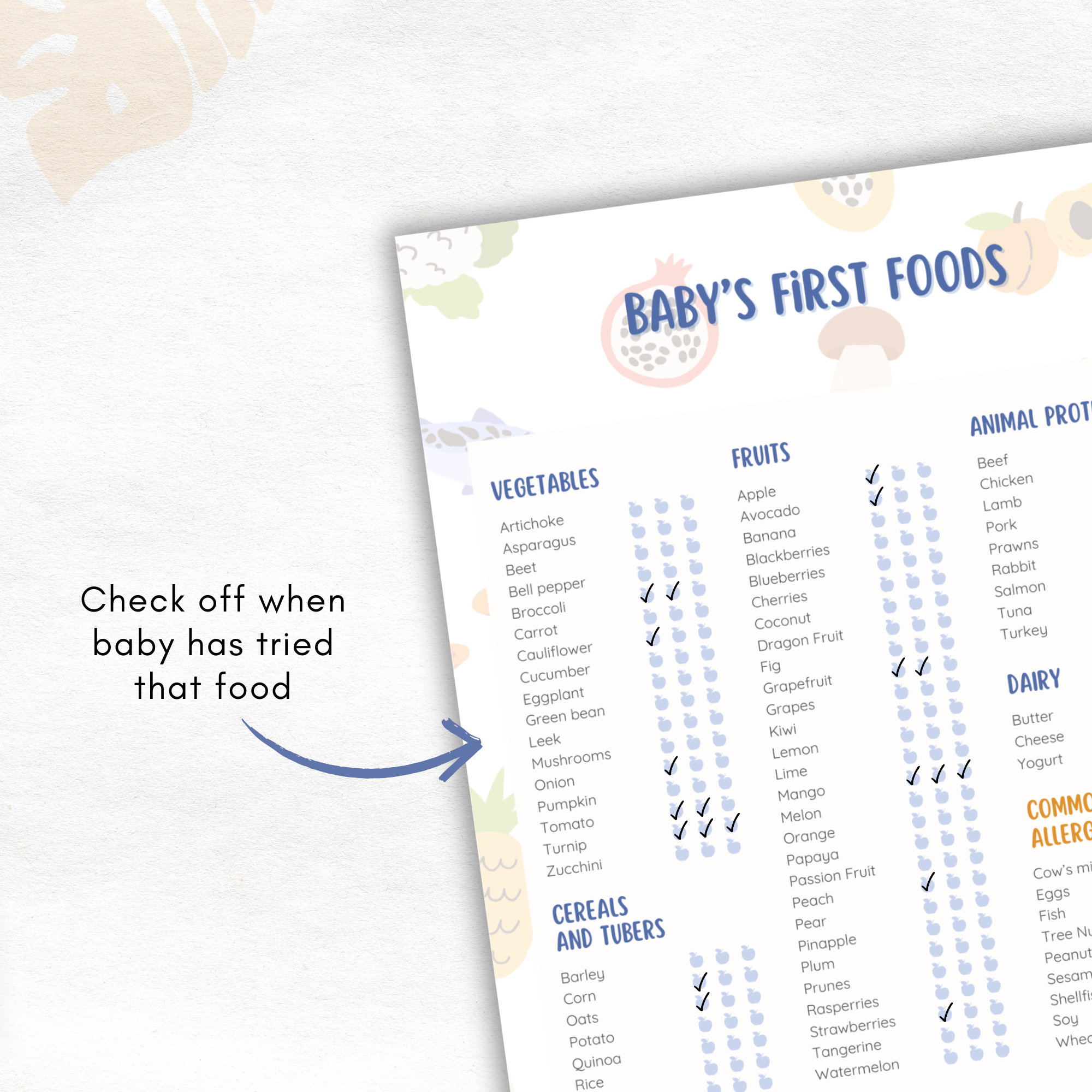 Baby's First Foods Checklist, Tracker, Baby-led Weaning, Food Chart ...