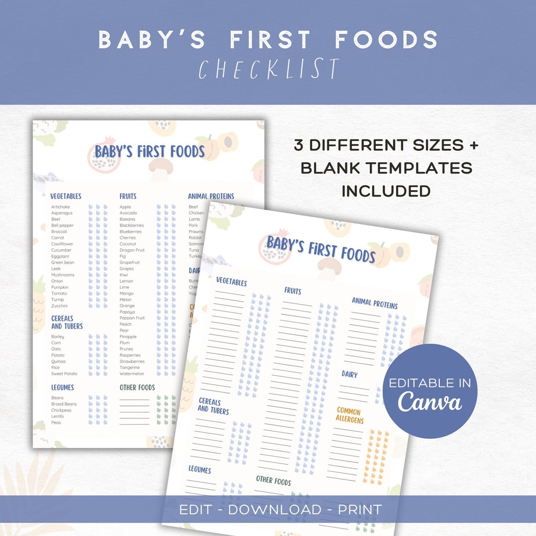 Baby's First Foods Checklist, Tracker, Baby-led Weaning, Food Chart ...
