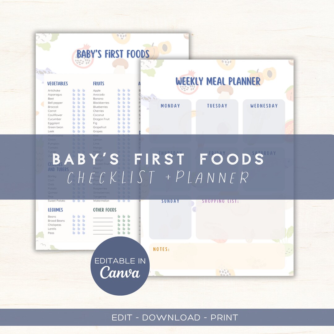 Baby Food Checklist and Weekly Planner Printable Bundle, Baby's First ...