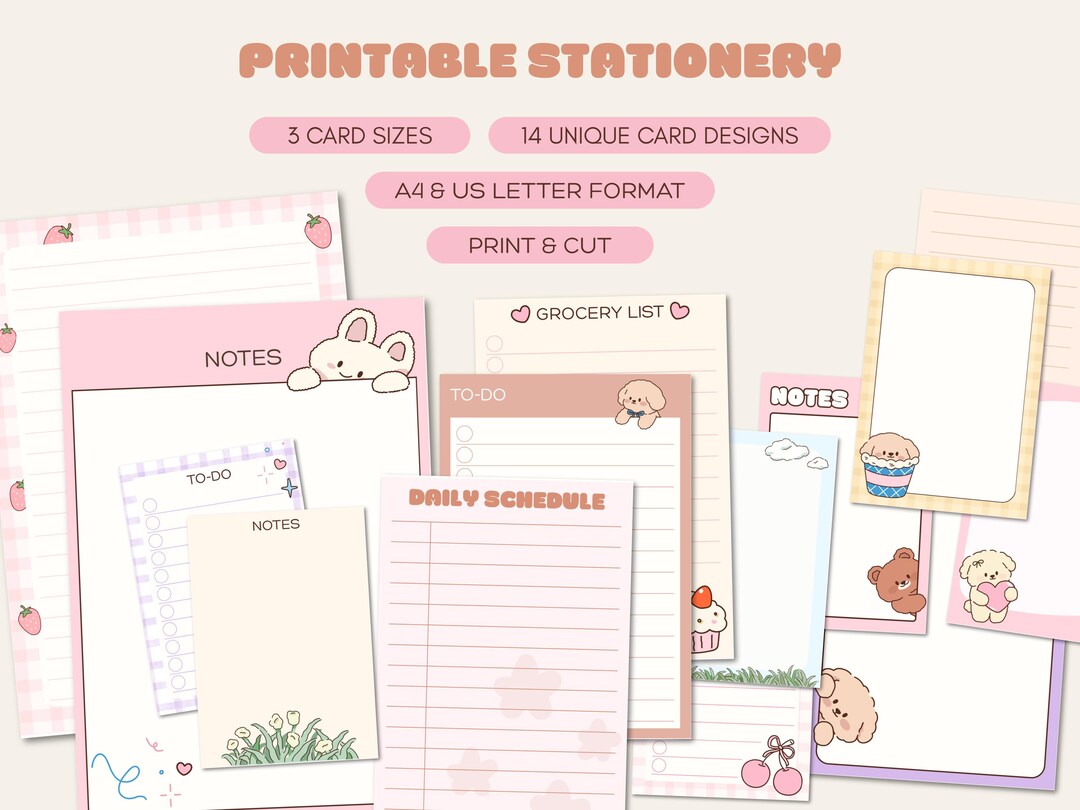 Printable Note Card Bundle | Kawaii Stationery Set | Pastel Pink Note ...
