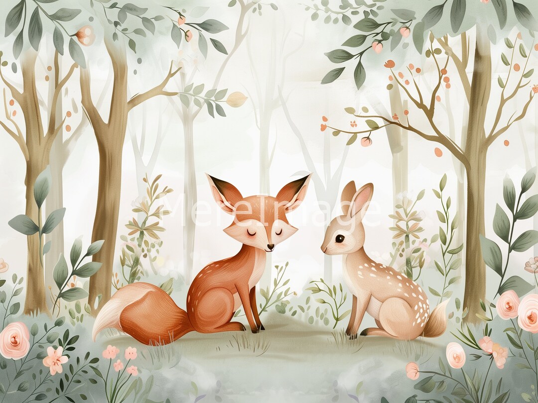 Fox and Deer Sit in a Forest - Digital Art - Etsy