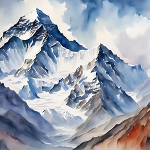 Printable Mount Everest Watercolor Painting | Mount Everest Landscape Art | Nature Wall Art ...