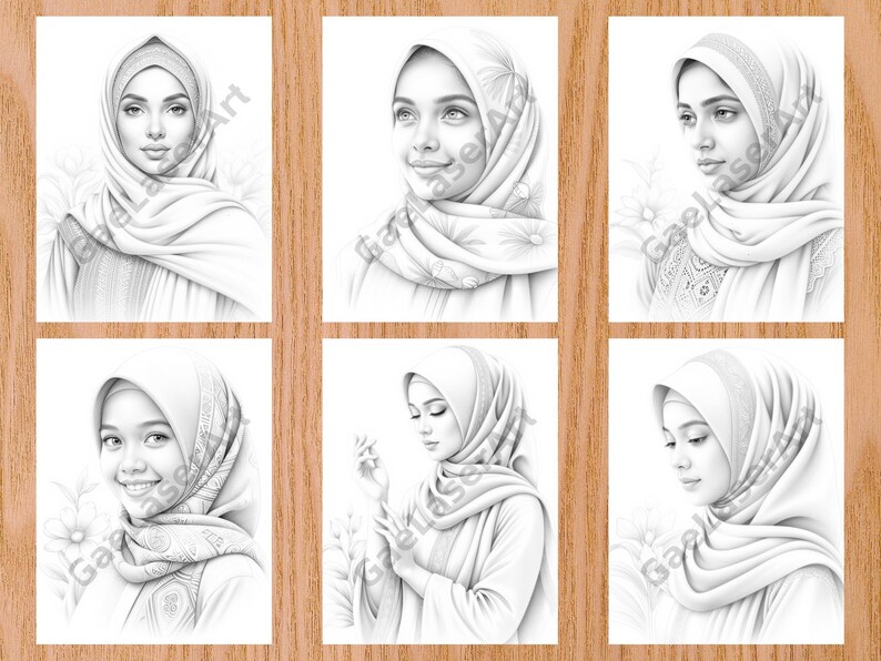 Elegant Grayscale Hijab Coloring Pages for Adults – Printable Hijab ...