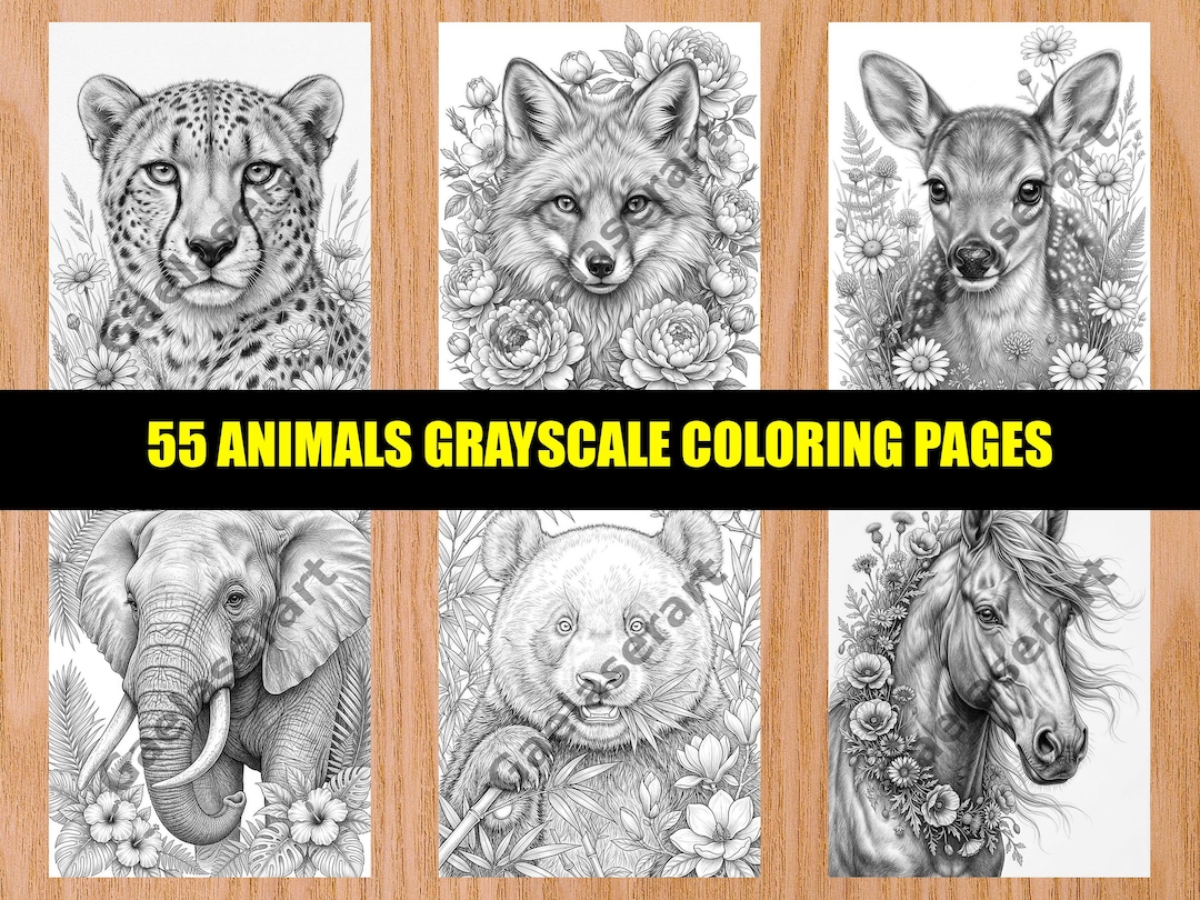 55 Animals Grayscale Coloring Pages Bundle Printable Wildlife Coloring ...