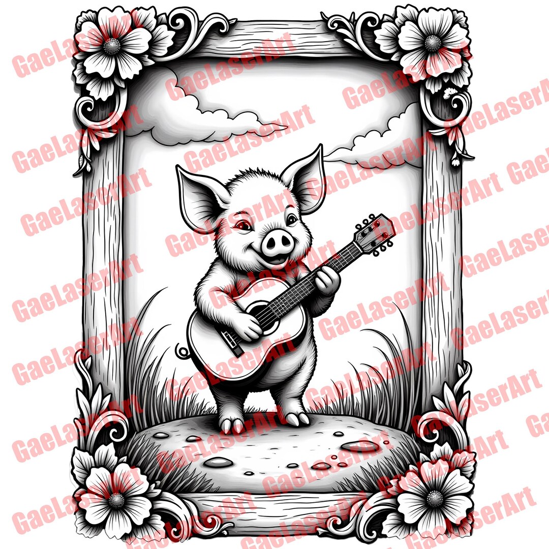Guitar Playing Pig Laser Engraving, PNG Laser File, Farm Animal Cutout ...