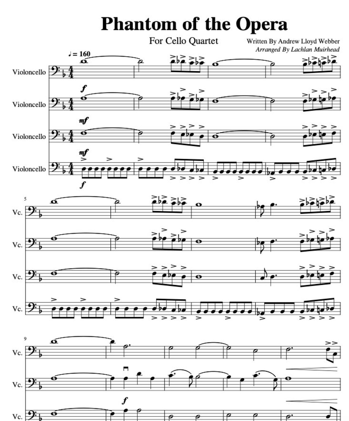Phantom of the Opera Cello Quartet Sheet Music - Etsy
