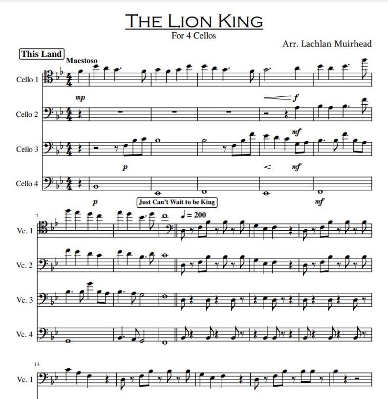The Lion King Medley for 4 Cellos - Sheet Music (this Land, Just Can't ...