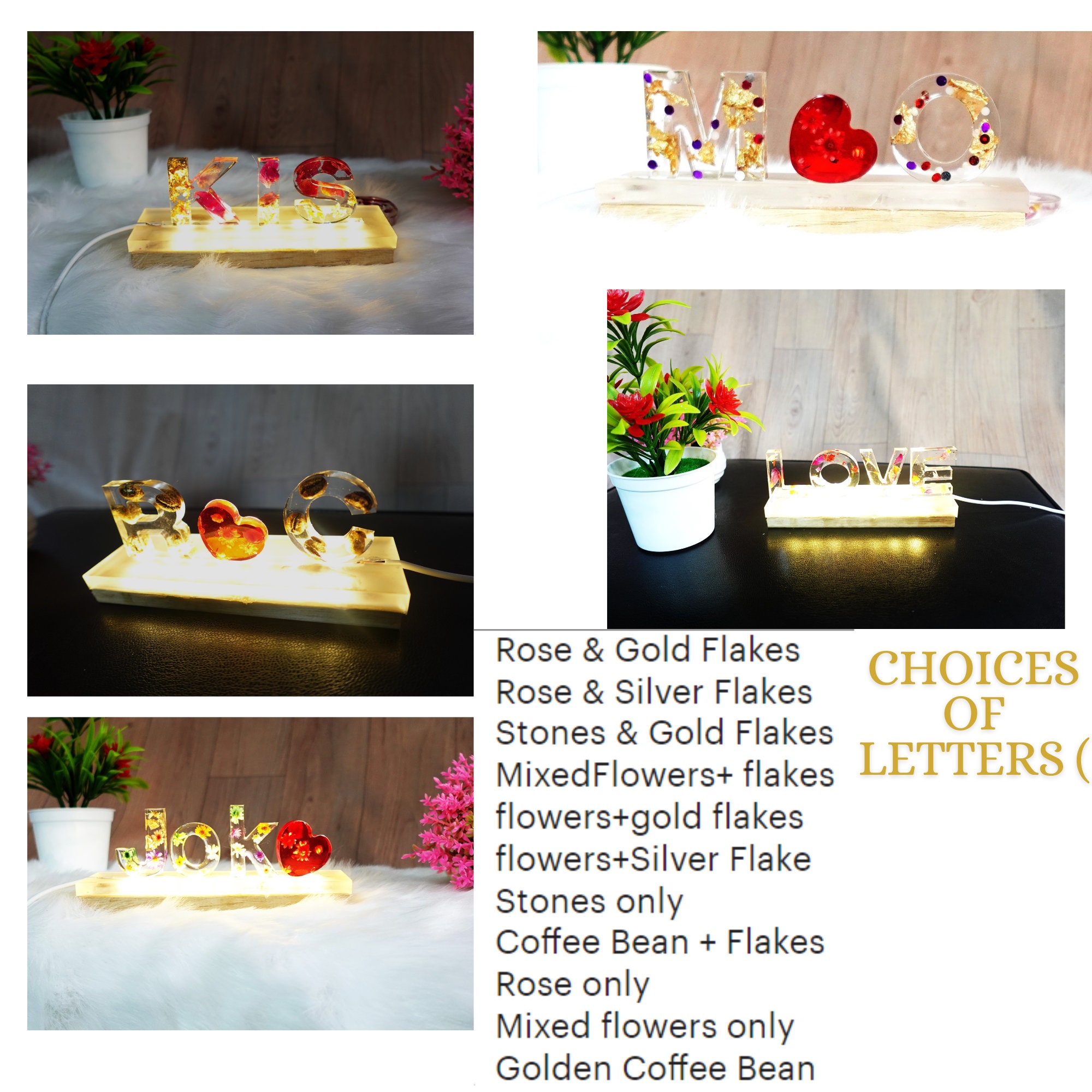 Personalized Resin Letter Dried Flower Name Lamp, Wooden Stand With LED ...