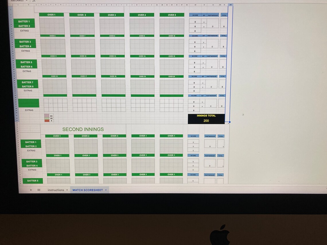 Blank Cricket Scoresheet (excel Spreadsheet Template) 8 a Side, 100 ...