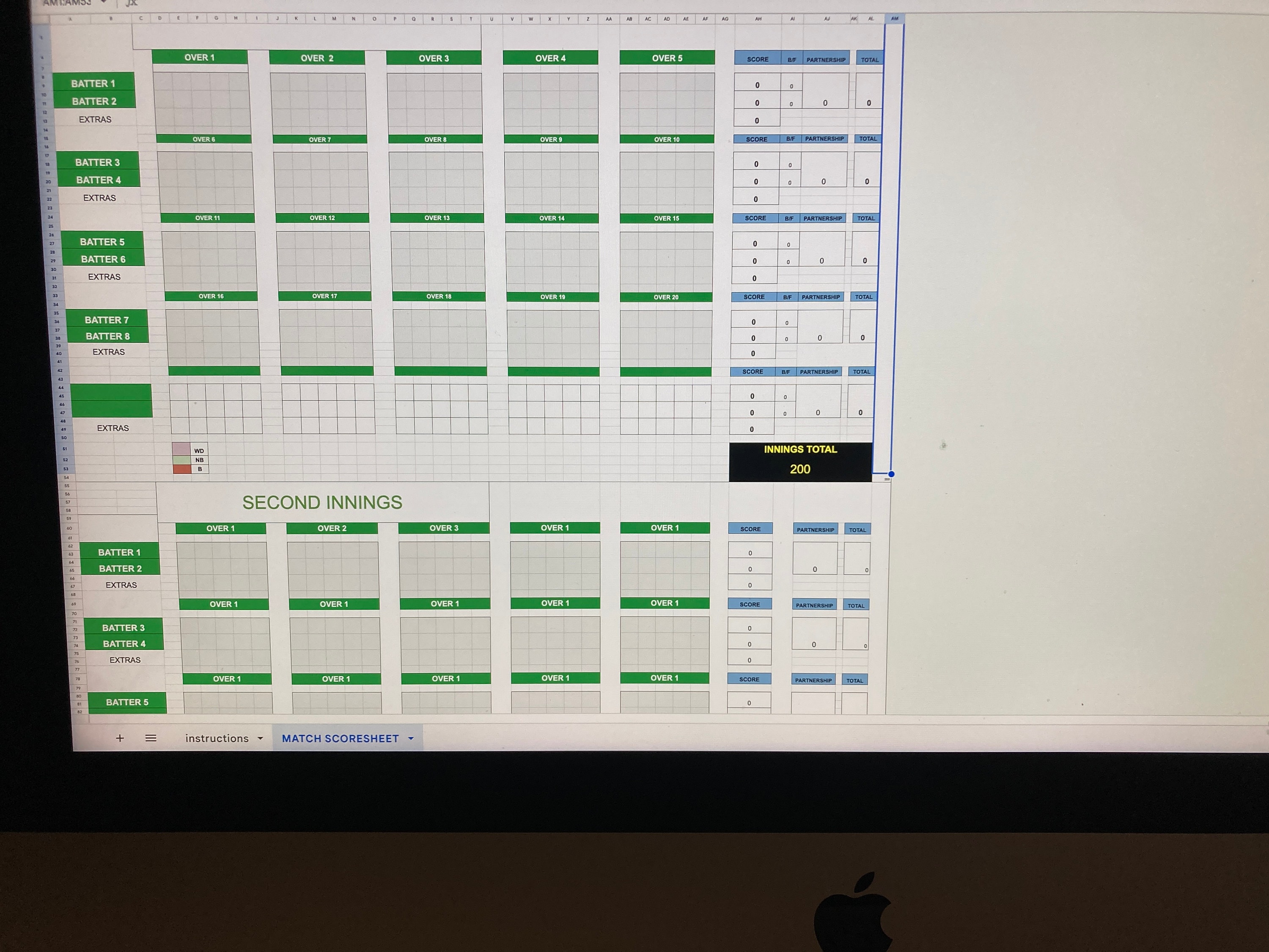 Blank Cricket Scoresheet (excel Spreadsheet Template) 8 a Side, 100 ...