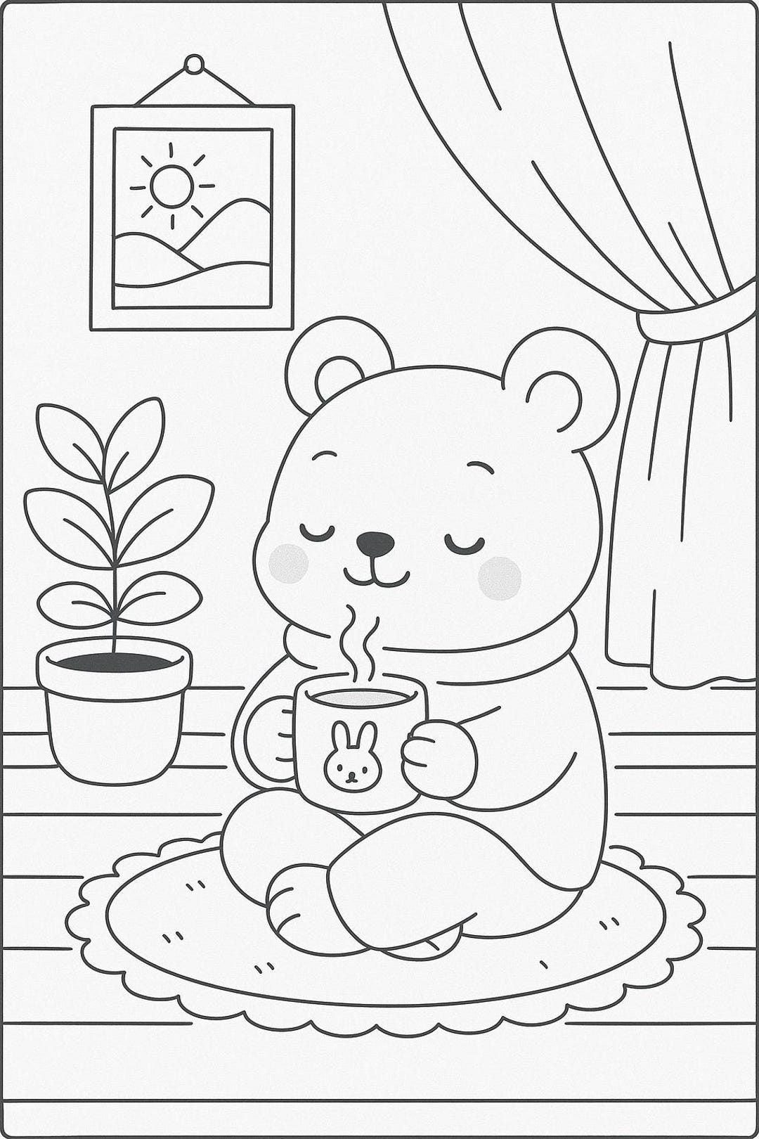 Cozy Bear Rainy Day Coloring Page Cute Printable Animal Art for Kids ...