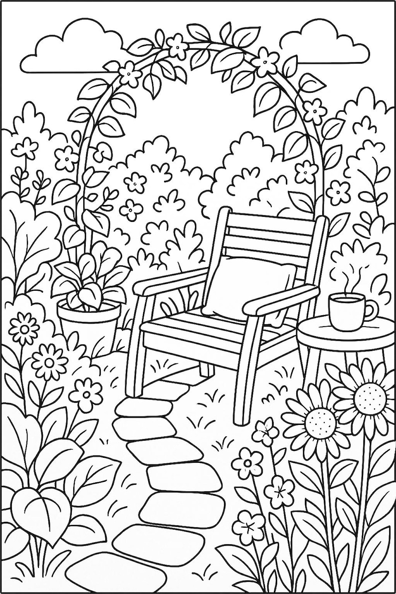 Cozy Garden Chair Coloring Page – Printable Flower Garden Scene for ...