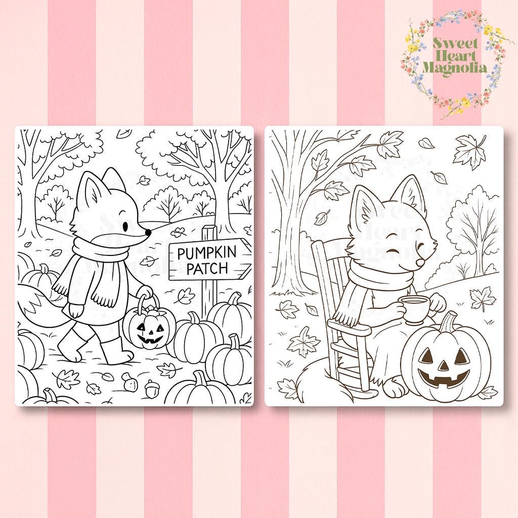 Cute Autumn Fox Coloring Page /pumpkin Patch Fall Coloring Sheet for ...