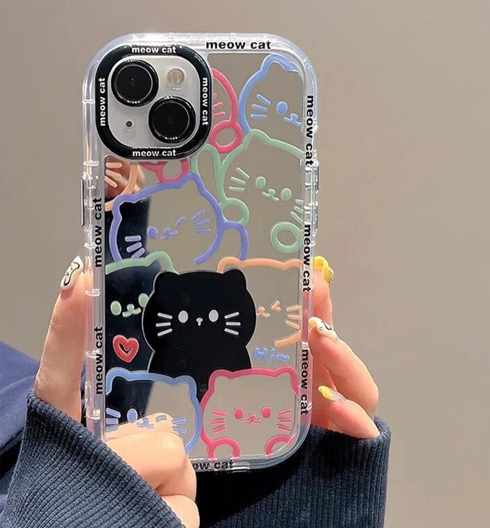 GC Plating Mirror Painted Lines Cute Cat Phone Case Soft Bumper ...