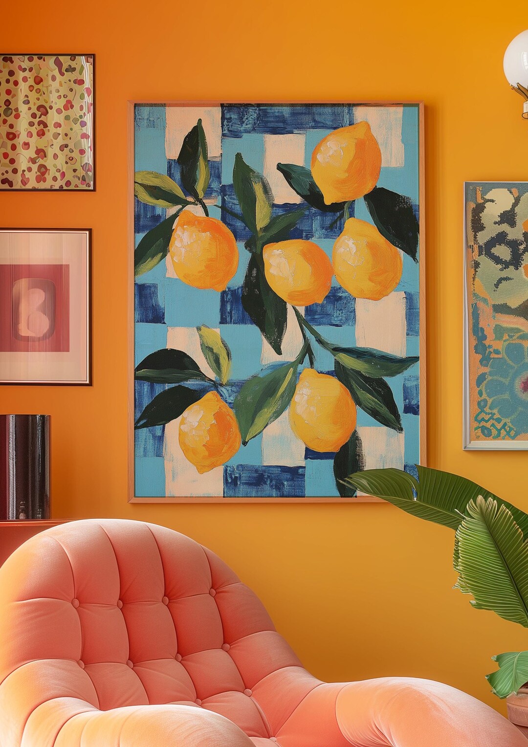 Playful Citrus Fruit Art, Kitchen Decor, Blue Checkered Art, Vintage ...