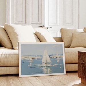 Blue Sailboat Print, Seascape Poster, Trendy Preppy Ocean Wall Art ...
