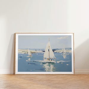 Blue Sailboat Print, Seascape Poster, Trendy Preppy Ocean Wall Art ...