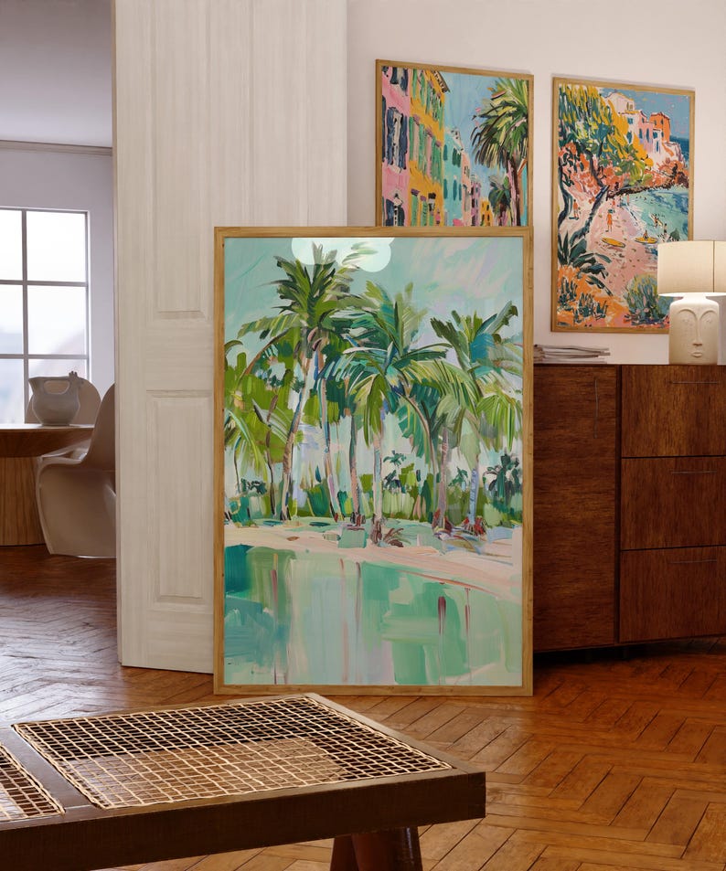 Green Tropical Wall Print, Palm Trees Painting, Pastel Girly Print ...