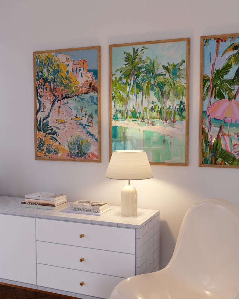 Green Tropical Wall Print, Palm Trees Painting, Pastel Girly Print ...