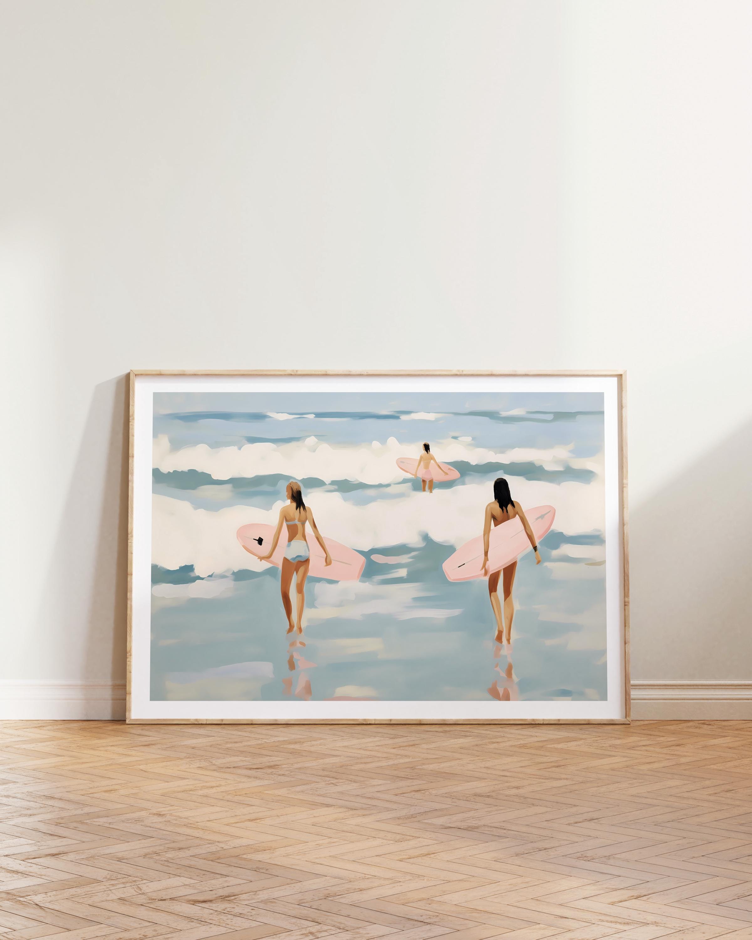 Aerial Surfer Girls Painting, Preppy Coastal Ocean Art Print, Coquette ...
