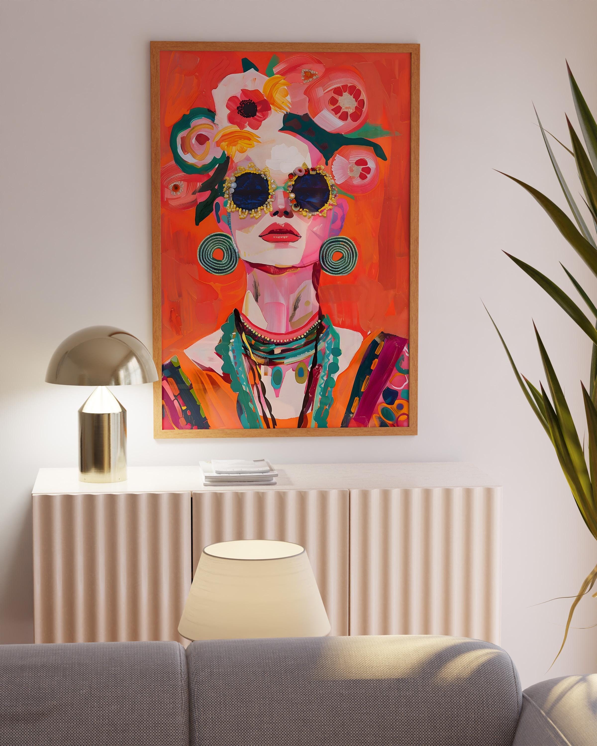 Maximalist Woman Portrait Art Print, Vibrant Red Pink Home Decor ...