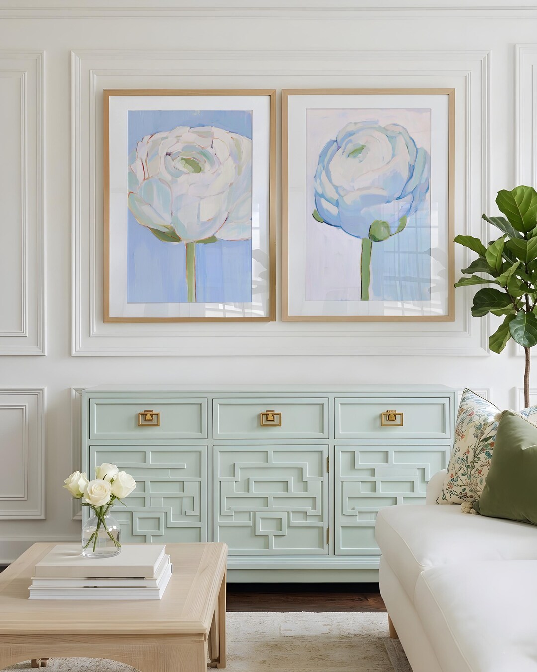 White Ranunculus Flower Wall Art Set of 2 Prints | Blue Preppy Coastal ...