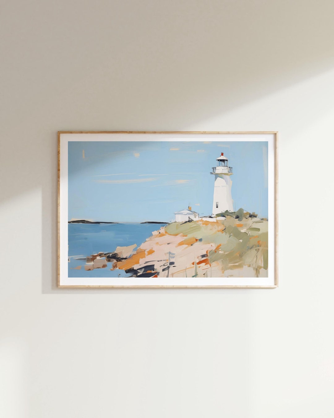 Blue Lighthouse Painting, Pastel Coastal Summer Wall Art, New England ...