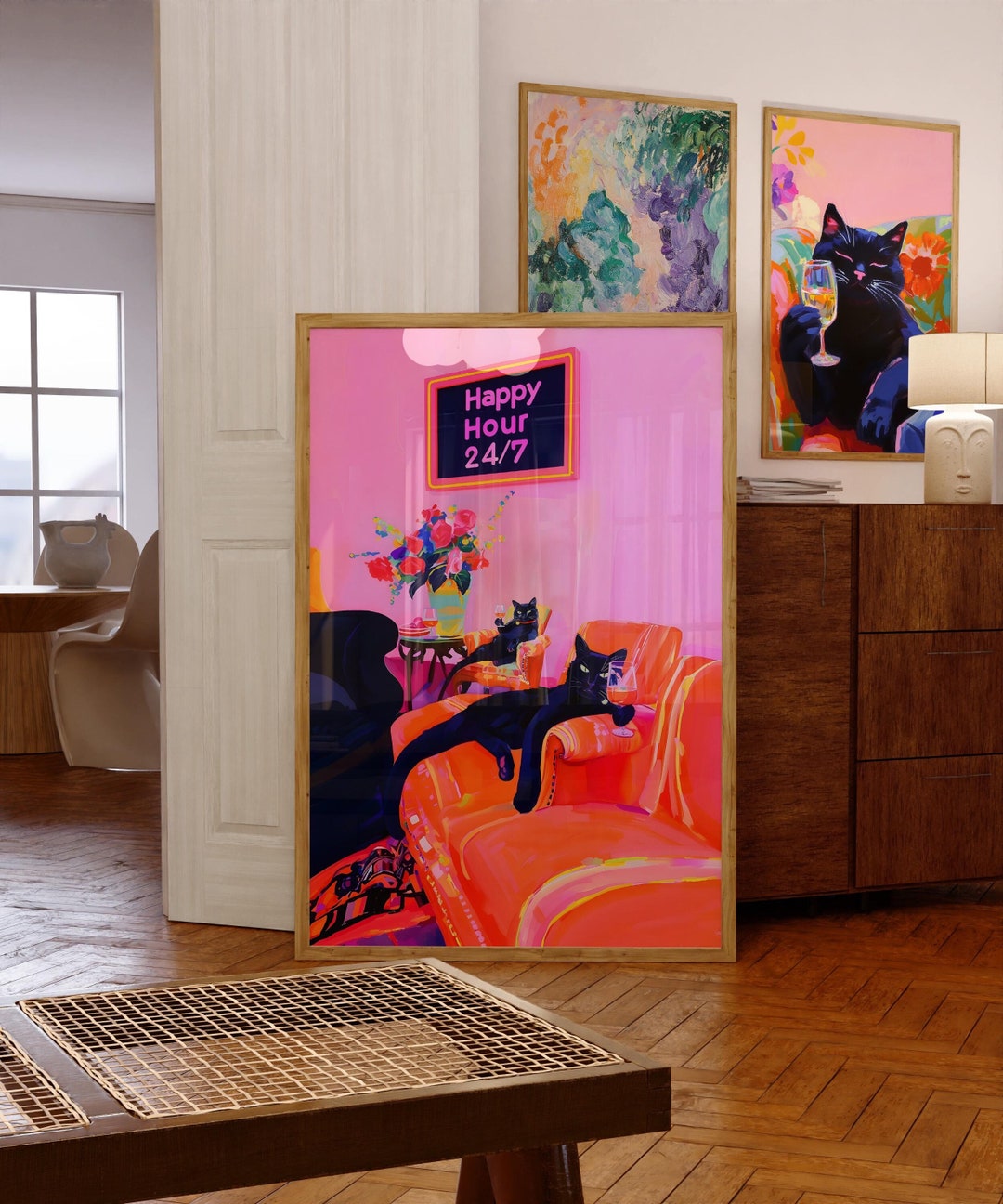 Neon Pink Happy Hour Cat Art Print, Cat Lovers Painting, Maximalist ...